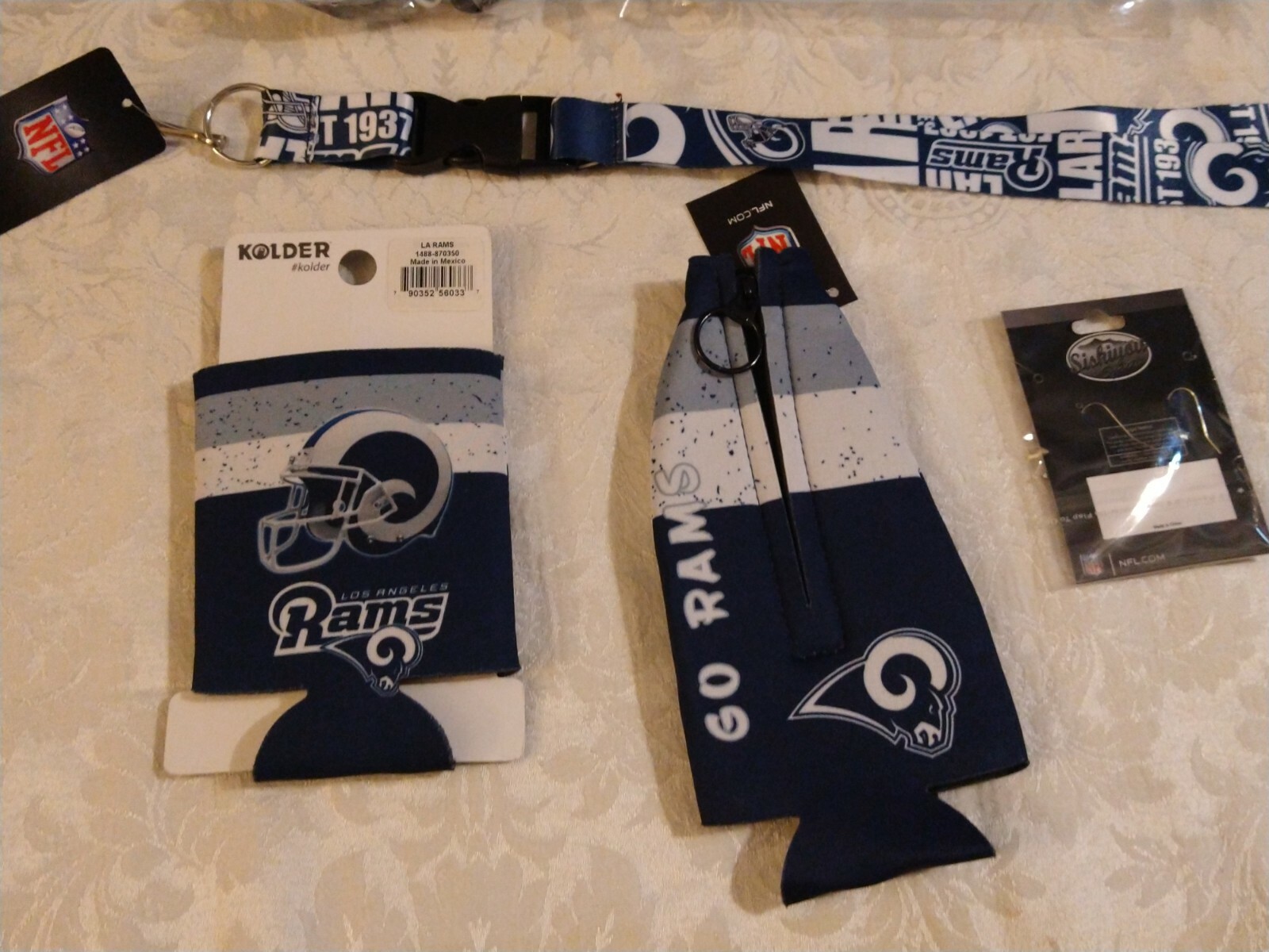 Lot of (8) Misc.* LA RAMS*Gifts*Socks* Gloves*Koozie*Lanyard*Earrings ...