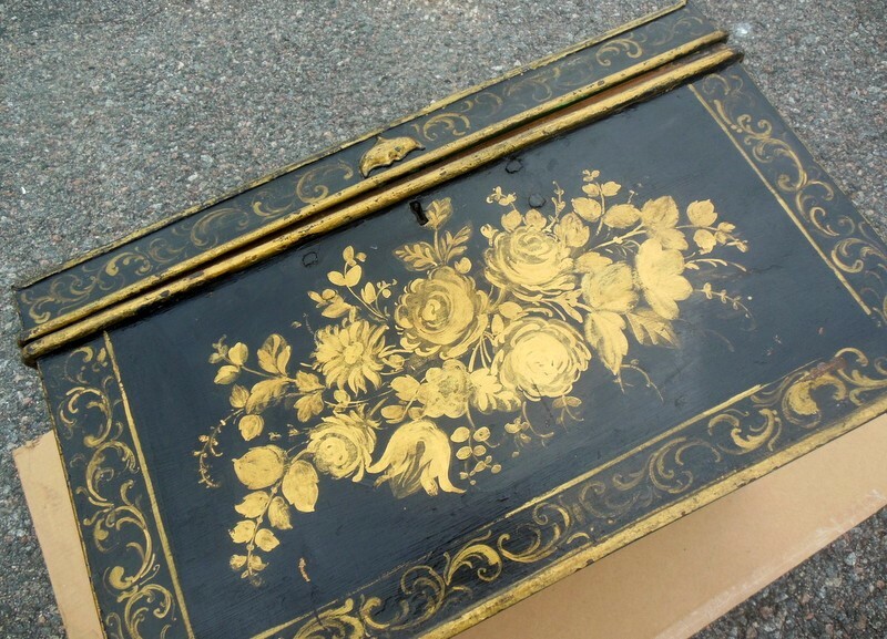 RARE Large Antique 19th c Painted TOLE Metal Trunk Chest Roses Florals ...
