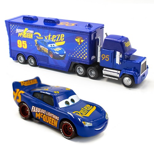 Pixar Cars Blue NO.95 Lightning Mcqueen Car & Mack Truck 1:55 Diecast ...