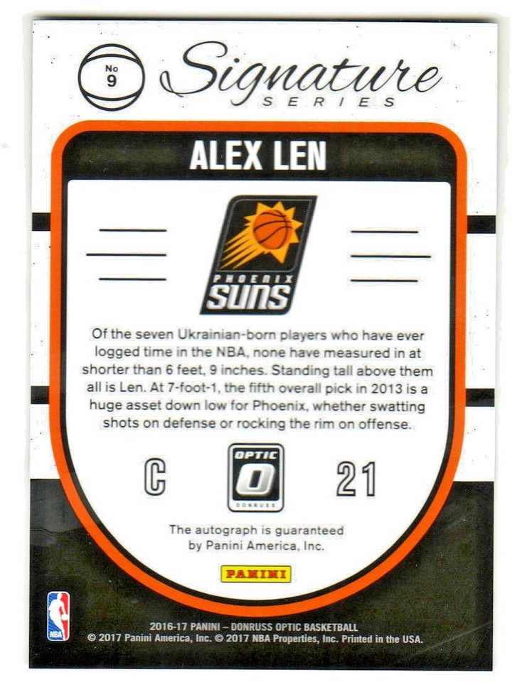 2016-17 Donruss Optic SIGNATURE SERIES AUTOGRAPH #9 ALEX LEN AUTO ...