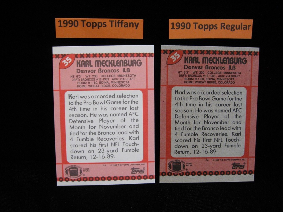 1990 Topps Tiffany Karl Mecklenburg Denver Broncos & Regular Card #35 ...