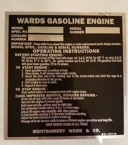 Montgomery Wards Wisconsin Engine ID Plate - Brand New! / Antique ...
