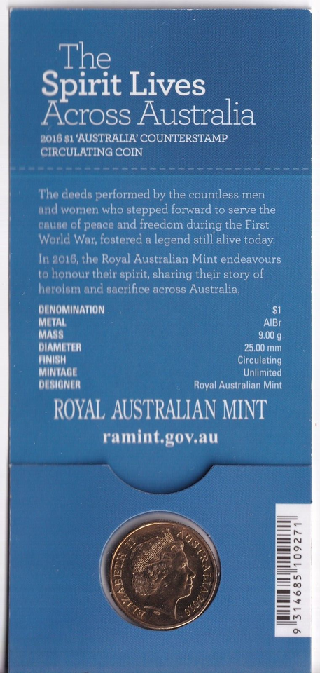 AUSTRALIAN: 2016 $1 THE SPIRIT LIVES AUSTRALIAN MAP COUNTERSTAMP COIN ...