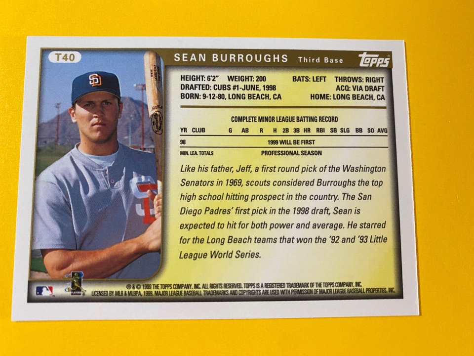 1999 TOPPS TRADED ROOKIE CARD #T40 SEAN BURROUGHS SAN DIEGO PADRES RC ...