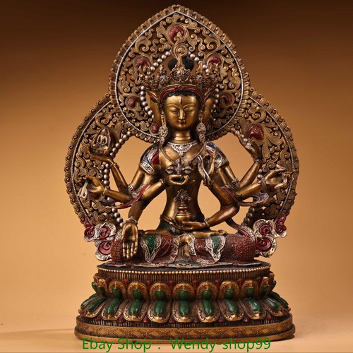 13.3"Tibet Bronze Gilt 3 Head 8 Arms Namgyalma & Ushnishavijaya Buddha ...