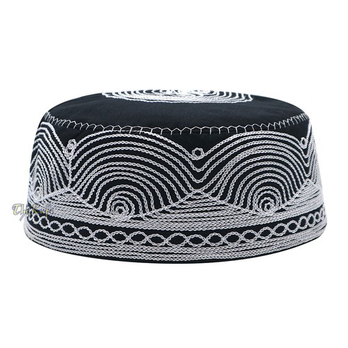 Black Fabric MUSLIM CAP - Silver-gray Embroidered 3inch Islamic Fashion ...