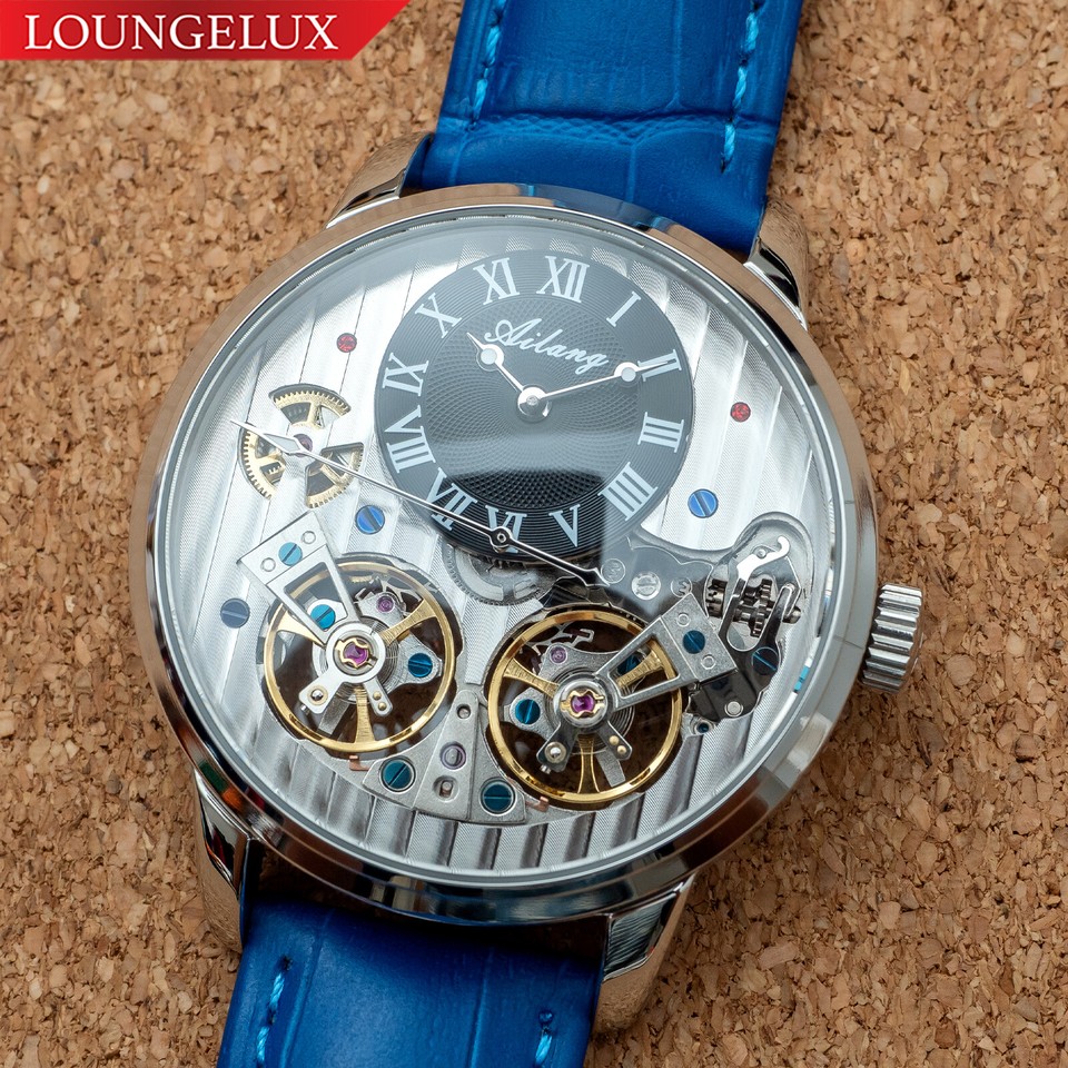 Mens Double Flywheel Automatic Mechanical Watch Silver Black Dial Blue ...