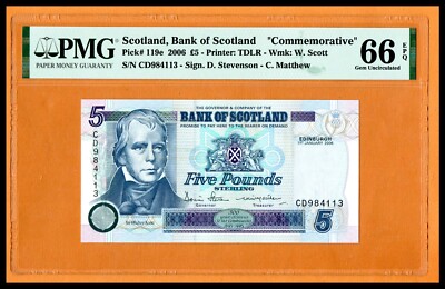 Scotland UNC Note 5 Pounds 2006 P-119e PMG 66 Gem Uncirculated EPQ ...