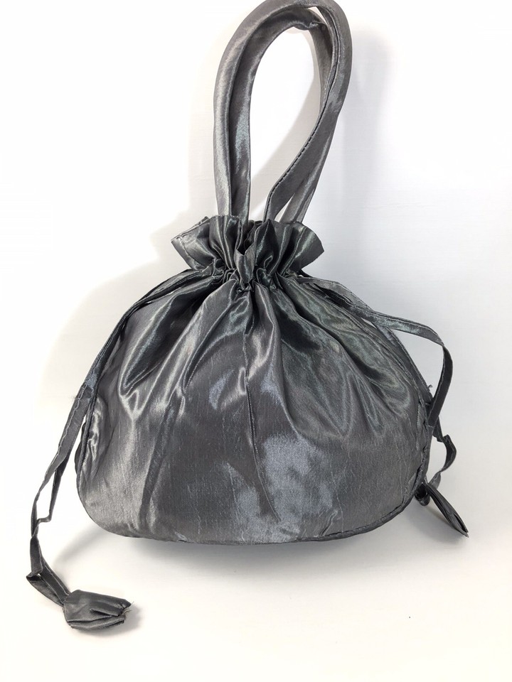 Silver Pewter Satin Rose Pattern Drawstring Cosmetic Bag Large Travel ...