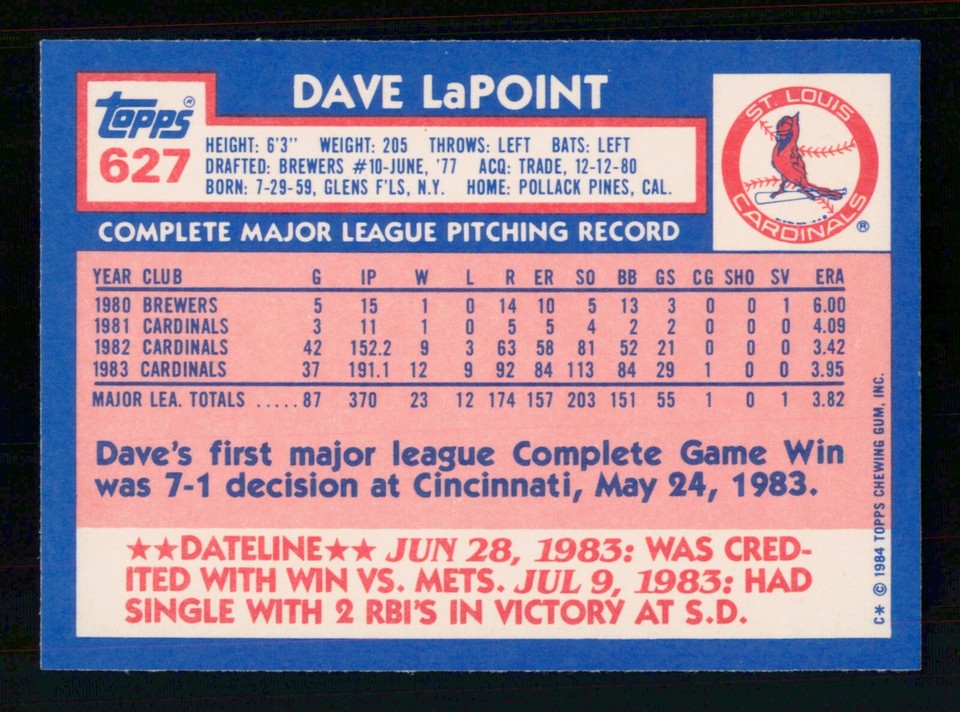 DAVE LaPOINT 1984 TOPPS TIFFANY 84 NO 627 NRMINT+ 17933 | eBay