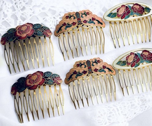 Vintage Cloisonne Hair Combs Lot Enamel Hair Metal Flower Butterfly 6 ...