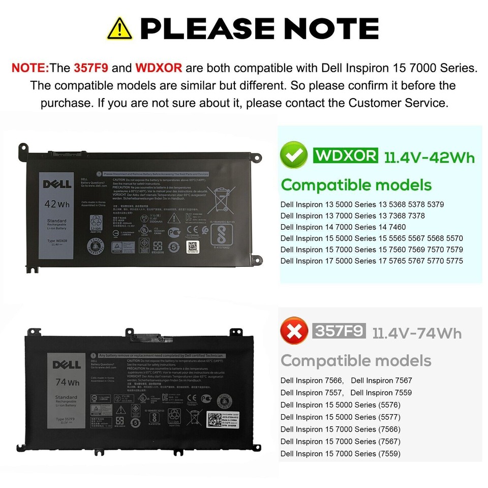 Genuine OEM 42WH WDX0R WDXOR Battery For Dell Inspiron 13 5368 5379 15 ...
