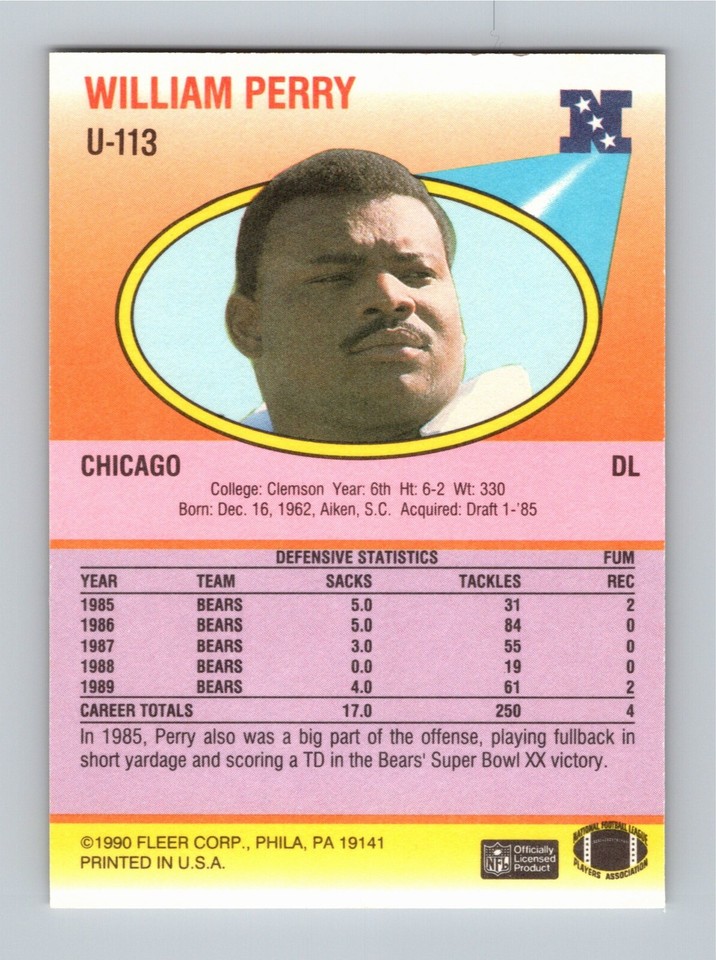 William Perry 1990 Fleer Update Rookie #U-113 RC MINT | eBay