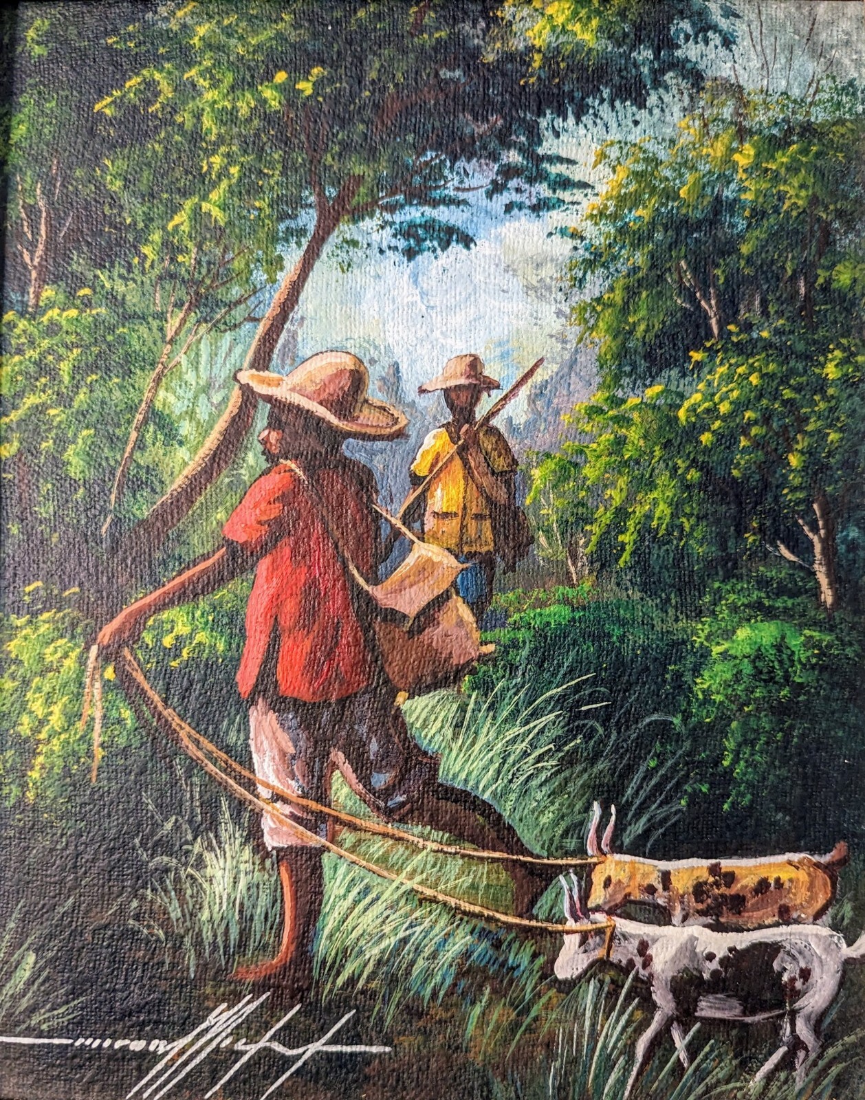 ORIGINAL HAITIAN ART PAINTING ARTIST SIMEON MICHEL 10"x08" FARMERS WITH ...