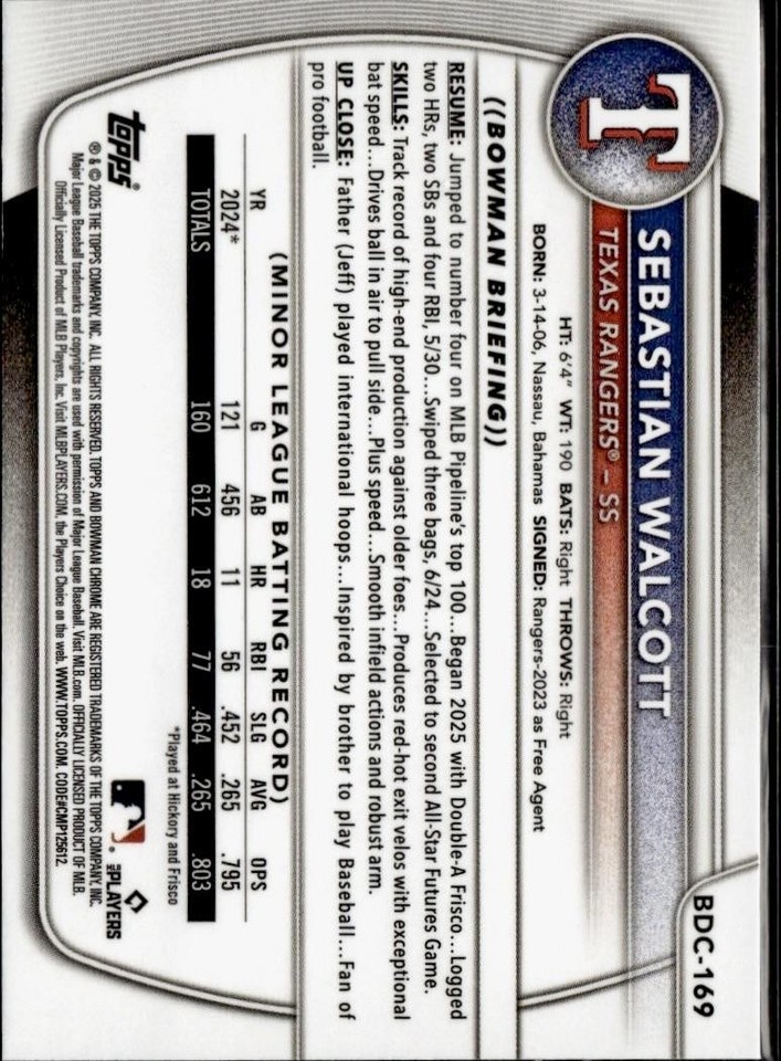 2025 Bowman Draft Chrome #BDC-169 Sebastian Walcott | eBay