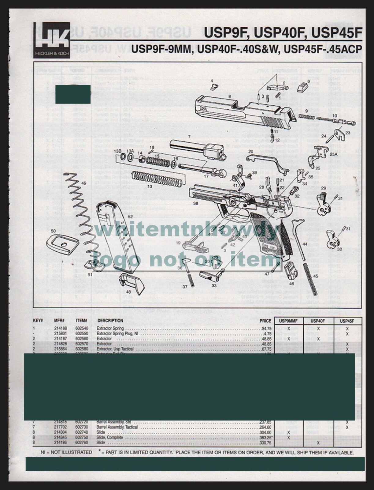 2005 HECKLER & KOCH USP9F USP 40F 45F 9F-9mm 40F Pistol Schematic Parts ...