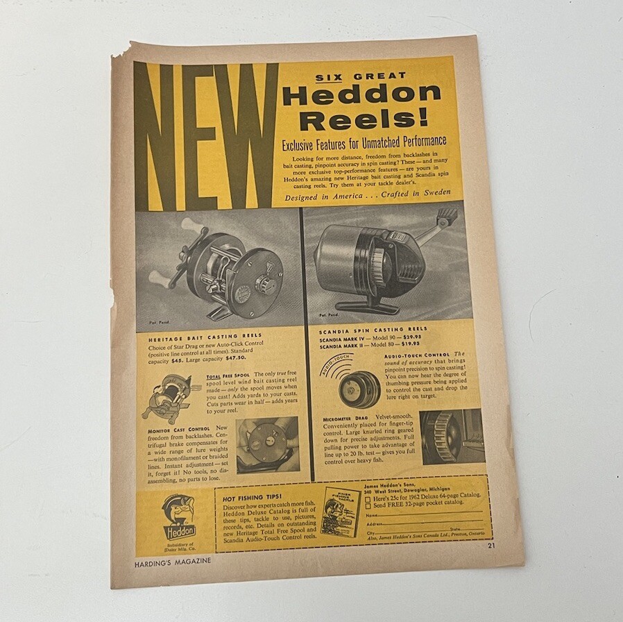Lot of 5 Vintage HEDDON Fishing Lure and Reel Ads and Articles - 1940s ...