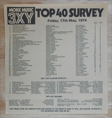 3XY TOP 40 MUSIC SURVEY CHART 17th May 1974 NM Mick Jagger Rolling ...