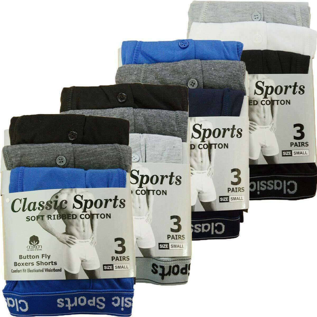Mens Boxers Shorts Underwear Button Fly 3 Pack Cotton Sports Comfort ...