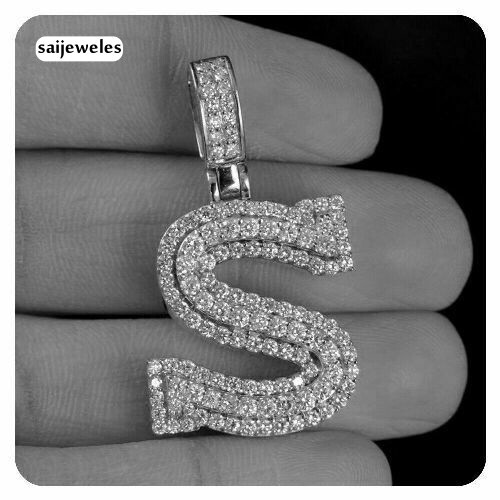 Round Cut Diamond 3CT Lab-Created Initial Letter "S" Pendant 14K White ...