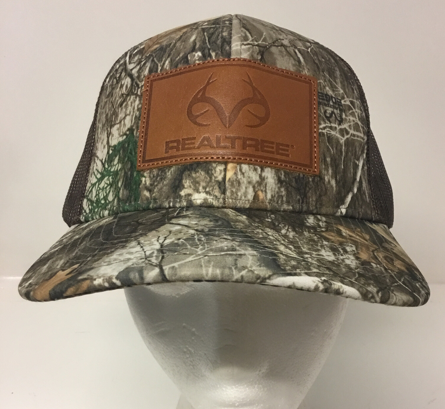 Real Tree Camp Leather Logo Badge Mesh Trucker SnapBack Hat Cap New W ...