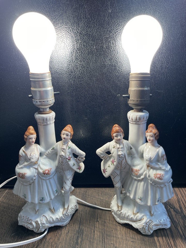 2 Ceramic TABLE LAMPS Victorian Couple BALL ROOM DANCING Occupied Japan ...