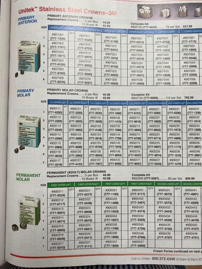5 UNITEK PEDO STAINLESS STEEL ANTERIOR 3M ESPE DENTAL CROWN PICK-aSIZE ...