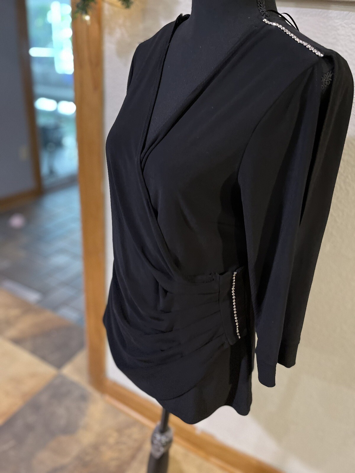 Women's R&M Richards V Neck Spilt Sleeves Black Blouse with Jewels sz ...