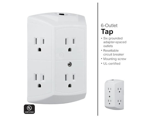 GE Grounded Adapter Spaced Six 6 Outlet Tap Converter Wall Electrical ...
