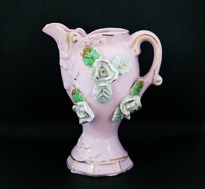 Vintage Pink Decorative Pitcher 3D Roses Green Leaves Gold Trim ...