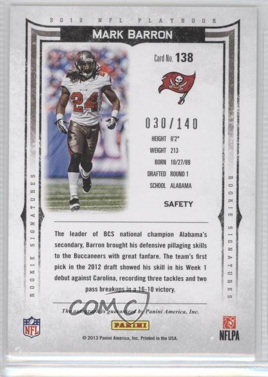 2012 Panini Playbook Rookie Signatures /140 Mark Barron #138 Rookie ...