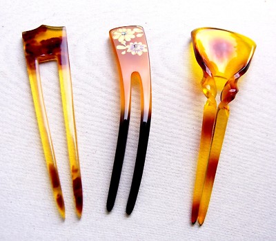3 Vintage Japanese celluloid hair pins kanzashi geisha hair accessories ...