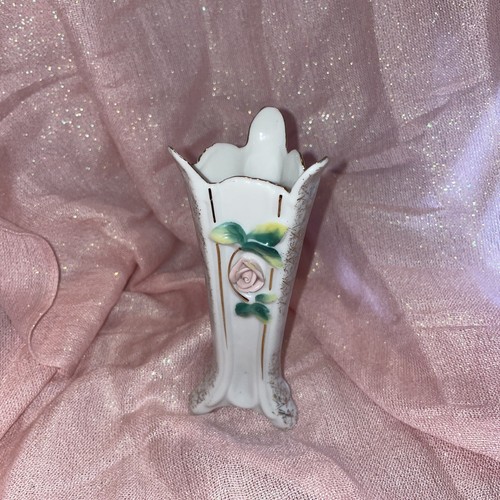 Vintage Porcelain Rose Bud Vase Pink Applied Rose Flower Gold Gilded ...