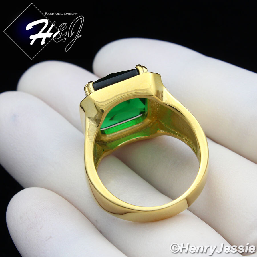 MEN's Stainless Steel Gold Plated Green Rhinestone Ring Size 6-13*GR98 ...