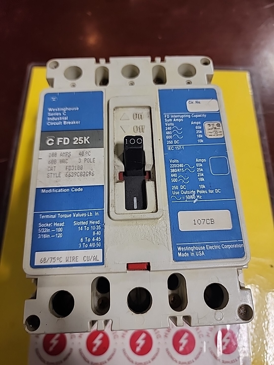 Cutler Hammer Westinghouse FD3100 Circuit Breaker 100 Amp 600 Vac 3P ...