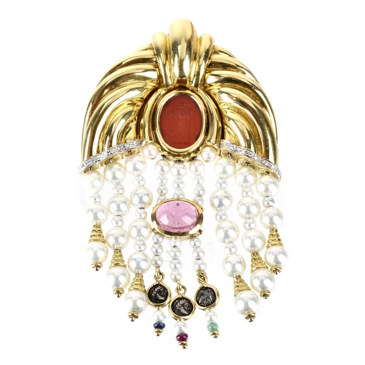 Virginia Giorelli 18kt Yellow Gold Tourmaline Pearl Brooch Pin 63.5 ...