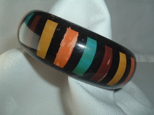 VINTAGE BLACK & HAND PAINTED STRIPES SHELLAC WOOD BANGLE BRACELET | eBay