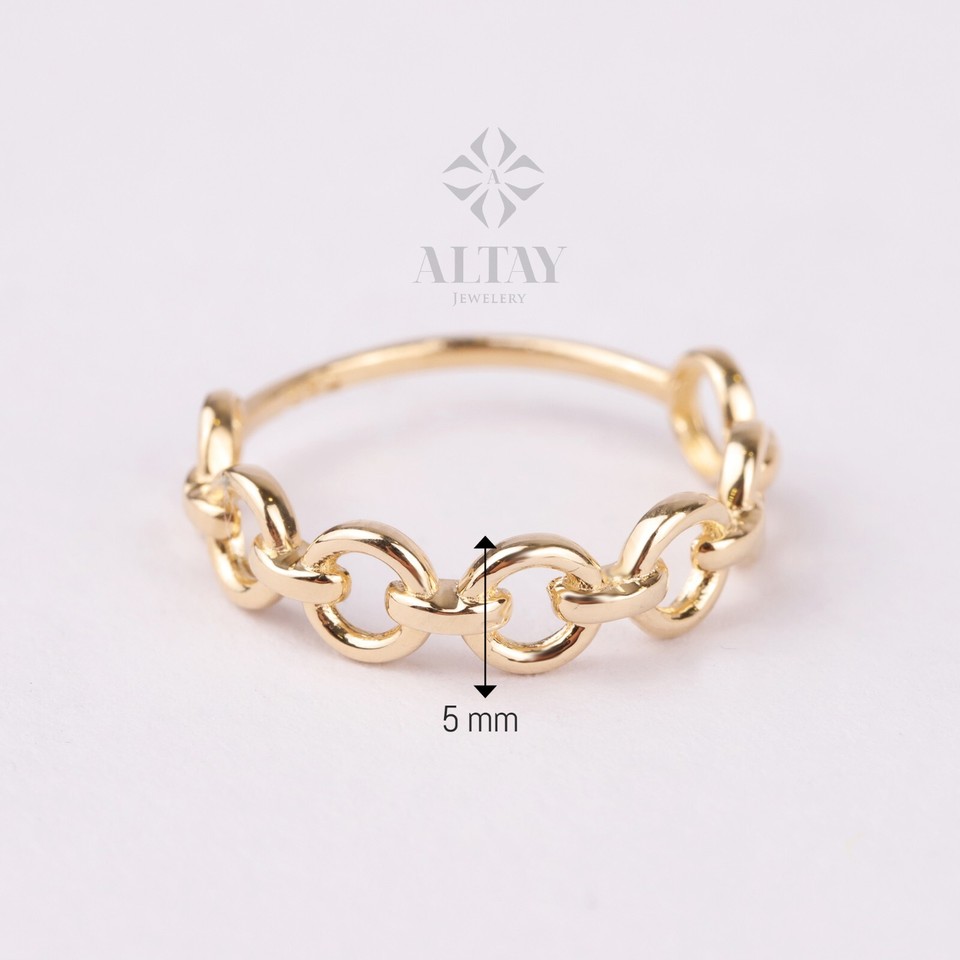 14K Gold Chain Ring, Chain Round Link Ring, Belt Chain Rolo Ring Bold ...