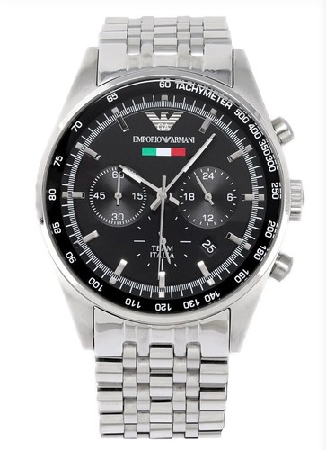 NWT GENUINE EMPORIO ARMANI TAZIO AR5983 BLACK DIAL STAINLESS STEEL MEN ...