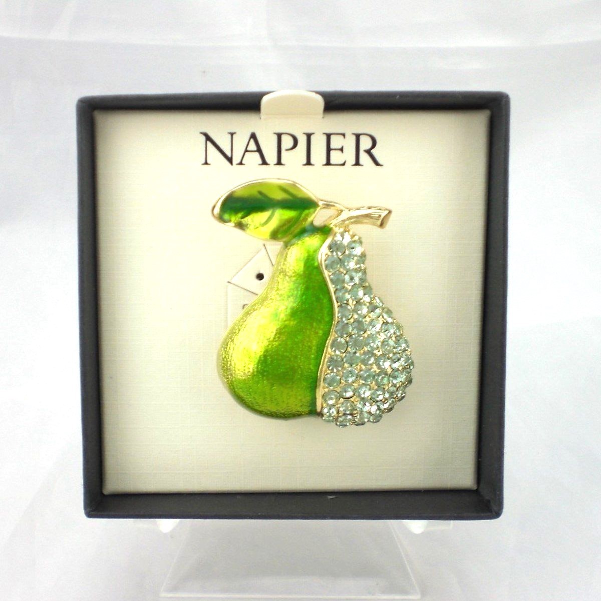 Napier Pear Brooch Pin Fruit Jeweled Enameled NEW Golden Tone & Green w ...