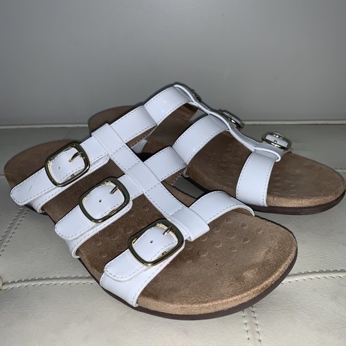 Vionic Womens MISA White Patent Leather 3 Strap Buckle Slide Sandals ...