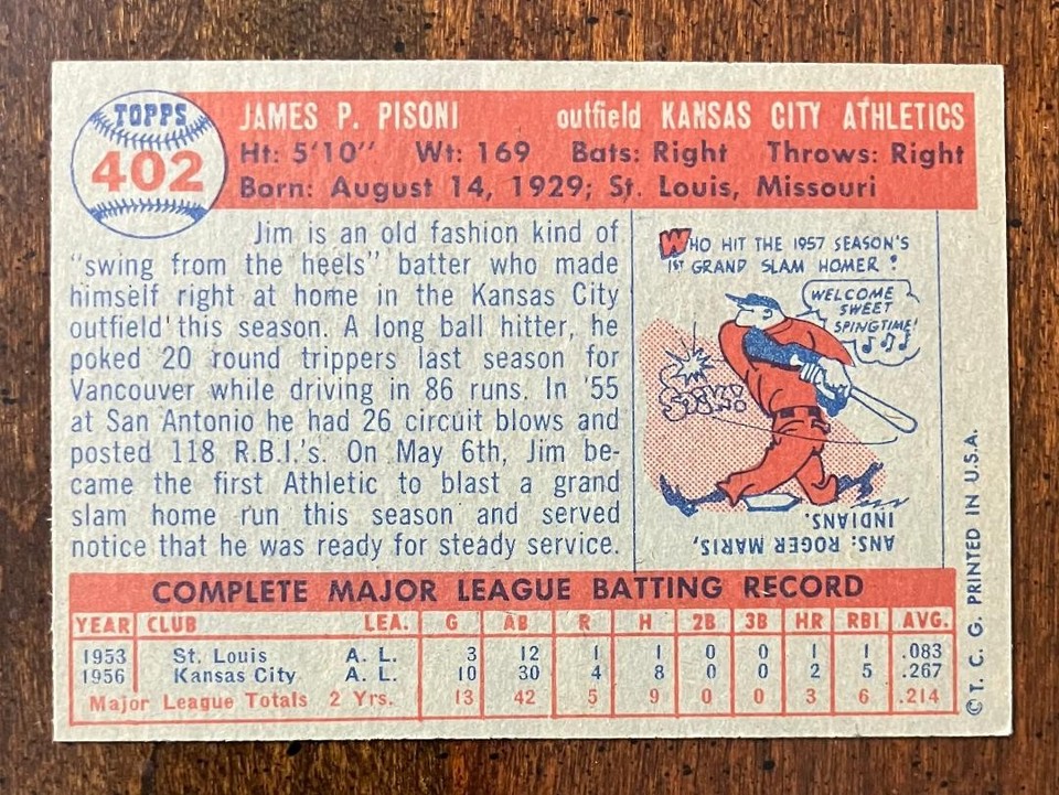 1957 Topps #402 - Jim Pisoni - Kansas City Athletics | eBay