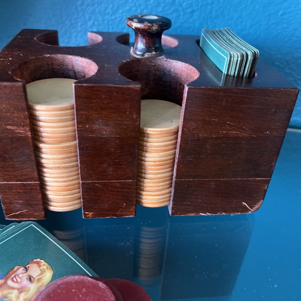 ANTIQUE Wooden Poker Caddy for Chips & Pinup Girl Cards + 96 Clay Chips ...