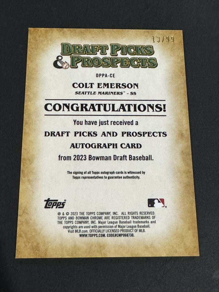 2023 Bowman Draft Colt Emerson Draft Picks & Prospects Autographs /99 ...