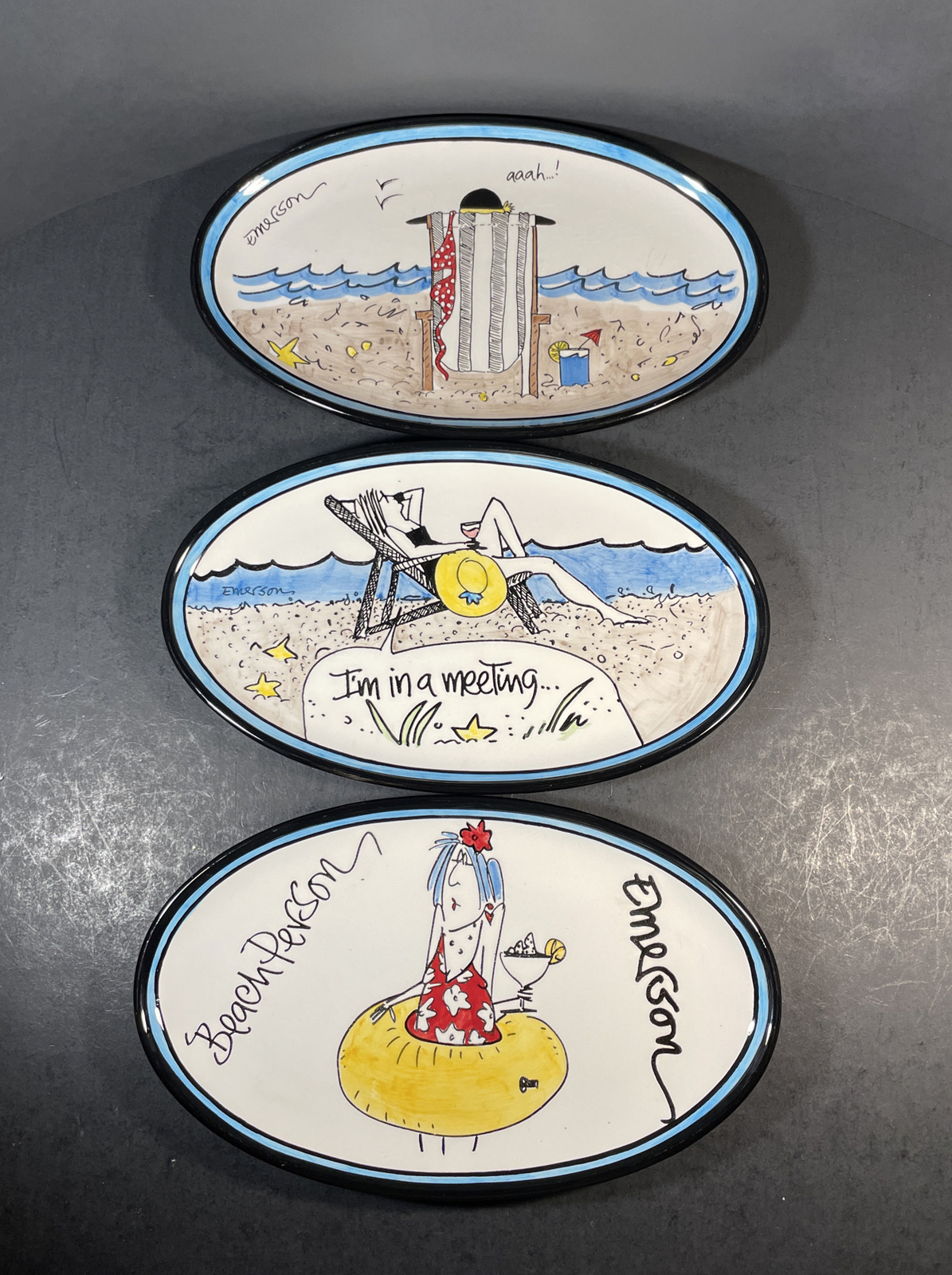 3 Beach Themed Oval Cocktail Dessert Plates 9" Emerson Signature ...