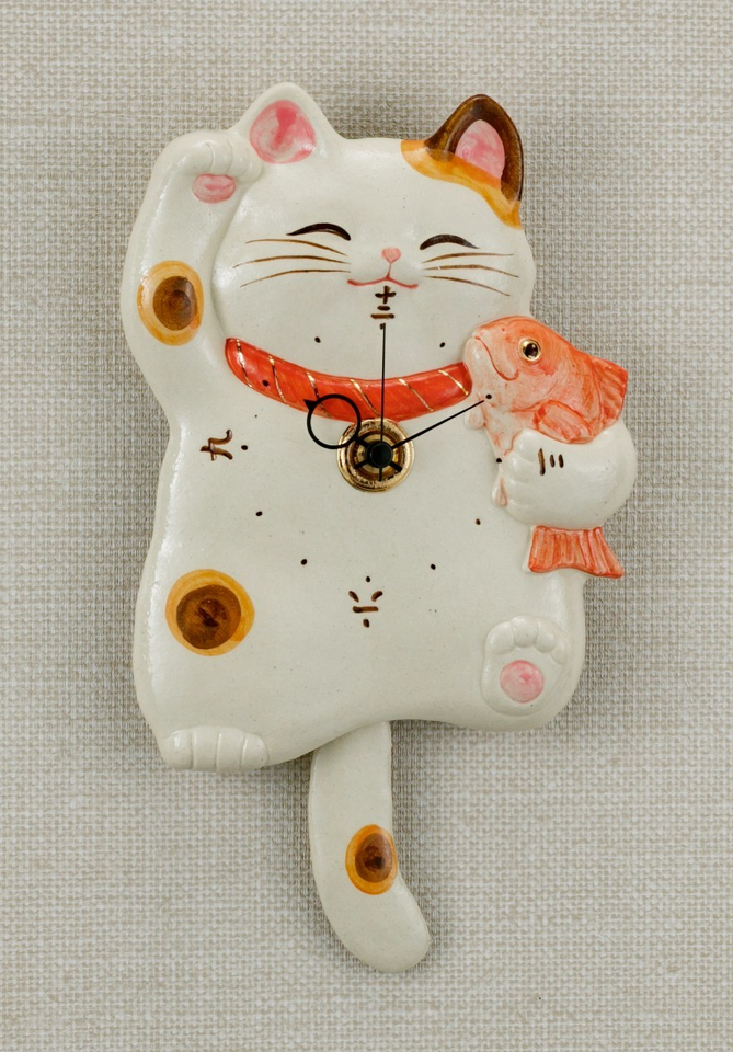Japanese Lucky cat Manekineko Wall Pendulum Clock w/TAI Pottery SETO ...