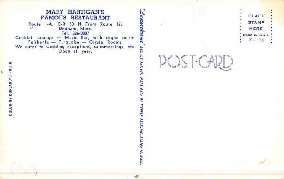 Dedham Massachusetts Mary Hartigans Restaurant Vintage Postcard K47995 ...
