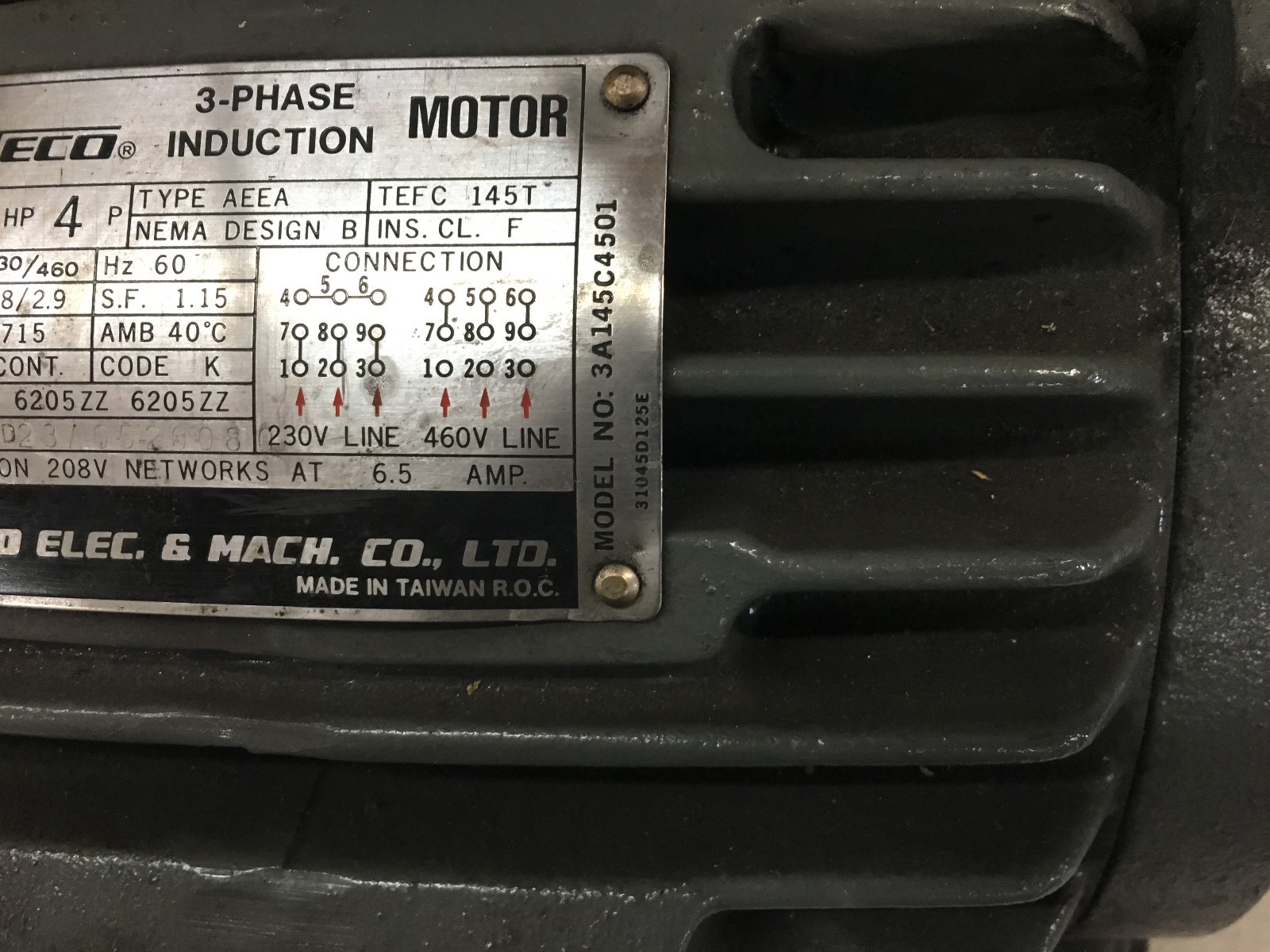 TECO 3A145C4501 2HP INDUCTION MOTOR 230/460V 3PH 1715RPM 145T FRAME for ...