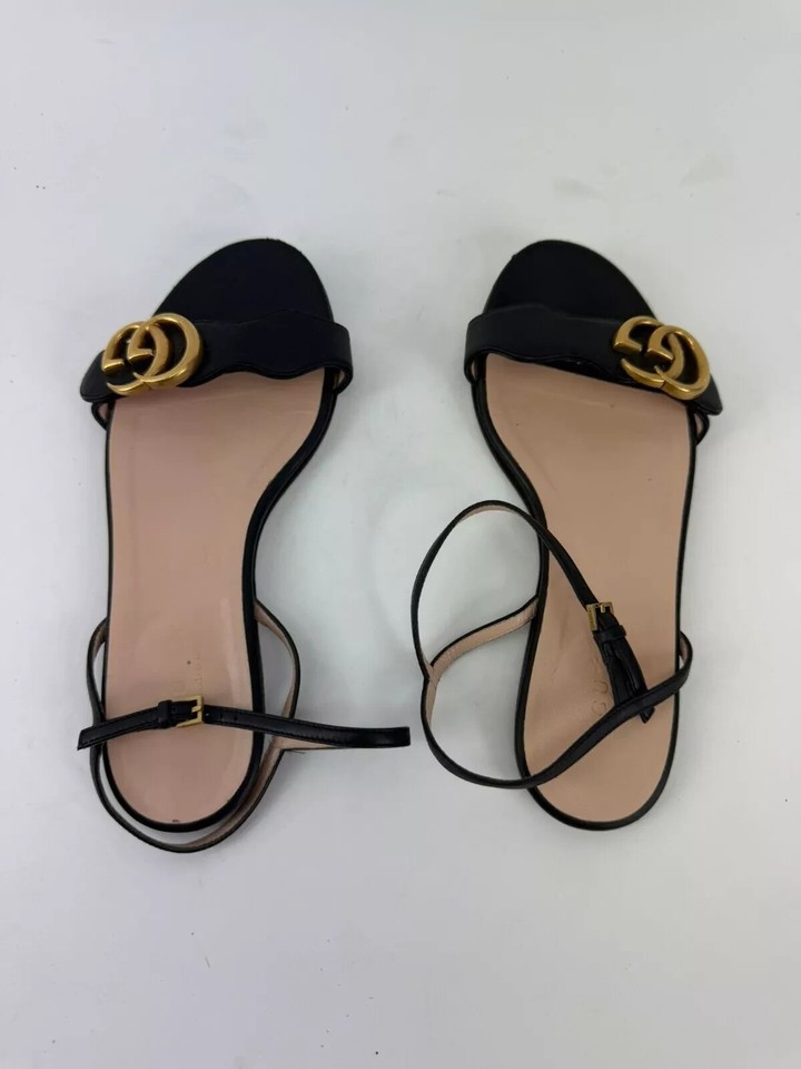 Gucci Double G Sandals Flat Black Leather Interlocking GG Size 34.5 | eBay