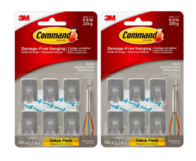 Command Small Stainless Steel Metal Hooks, 6 Hooks, 8 Strips 2 Pack | eBay